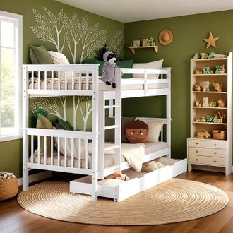 Homestyle4u Etagenbett 2 Kinder 90x200 Wei&szlig; mit Treppe Matratze & Bettkasten, Hochbett umbaubar 2 Kinderbetten Doppelstockbett 90x200 Holz Kiefer
