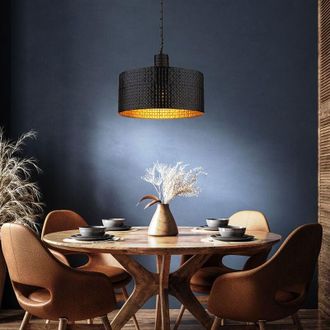 ETC Shop Suspension Lampe &agrave; suspendre Lampe de salle &agrave; manger Suspension bois noir or 1 flamme, m&eacute;tal mdf, 1x E27 douilles, DxH 35x120 cm