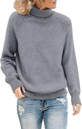 Generic Pull pour femme en tricot ample &agrave; manches longues tendance de couleur unie - Pull confortable &agrave; col roul&eacute; - Pull chaud d&eacute;contract&eacute; pour femme pour lau
