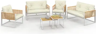 IDMarket Salon de jardin bas RIO 6 places structure m&eacute;tal blanc et cordage effet rotin avec coussins beige