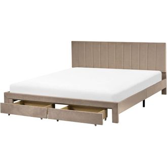 Beliani Lit Double Moderne 180 x 200 cm avec Tiroirs Tête de Lit Rembourrée en Velours Sommier à Lattes Taupe Lonzac