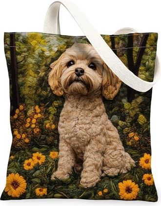 Generic Sac fourre-tout en toile motif chien cavachon printanier 33 x 38,1 cm, style tricot&eacute;, sac d&eacute;picerie r&eacute;utilisable pour femme, peinture esth&eacute;tique, d&eacute;co