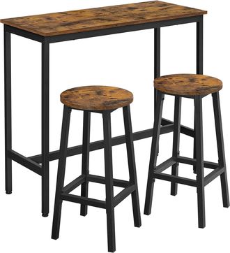 Vasagle Bartisch mit Barhocker Set, Essgruppe, Stehtisch mit 2 runden St&uuml;hlen, Stahlgestell, Industrie-Design, vintagebraun-tintenschwarz LBT219B01