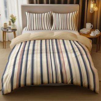 Generic Housse de Couette 3Pc 220 x 240 cm Parure de Lit Rayures Verticales de Couleur crème Microfibre Ensemble de Literie avec Fermeture Éclair et 2 Taies d