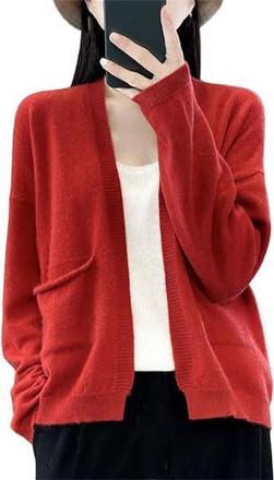 Generic Cardigan tricot&eacute; en laine fine m&eacute;lang&eacute;e &agrave; col en V sans boucle pour femme, Rouge, XS