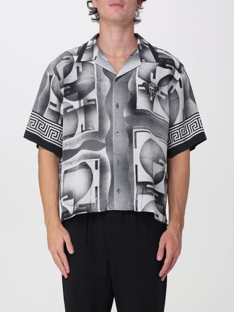 Versace Chemise en soie &agrave; manches courtes, col cubain et imprim&eacute;