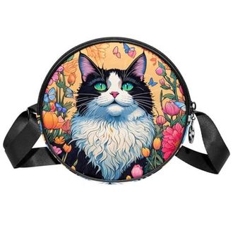 Generic Sac &agrave; bandouli&egrave;re rond rond pour femme, motif chat color&eacute;, avec fermeture &eacute;clair, bretelles r&eacute;glables, style d&eacute;contract&eacute;