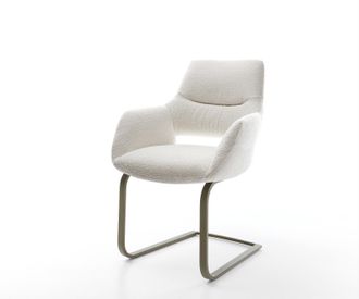 DELIFE Freischwinger Yago-Flex mit Armlehnen Boucl&eacute; Creme-Wei&szlig; Freischwinger flach Effektfinish Titan Taschenfederkern, Esszimmerst&uuml;hle
