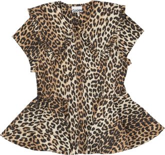 Ganni Femme, Blouses et Chemises, Brun, Taille: 38 FR Chemise Imprim&eacute;e en Coton Stretch &agrave; Col Claudine