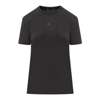 Dolce & Gabbana Femme, Tops, Noir, Taille: 40 FR T-shirt en jersey avec broderie logo
