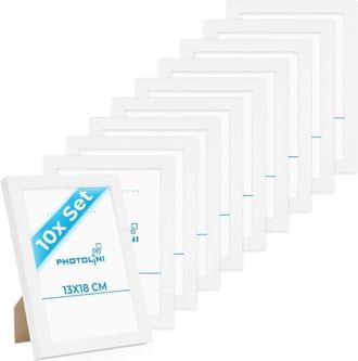 Photolini Cadre 13 x 18 bois MDF blanc, lot de 10 cadres photo pour posters et affiches, verre acrylique incassable, d&eacute;coration murale &agrave; suspendre & &agrave; poser, av