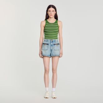 Sandro Short en jean d&eacute;tail cuir