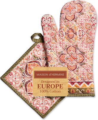 Maison d'Hermine Ofenhandschuh + Topflappen aus 100% Baumwolle, hitzebeständige Küchen-Ofenhandschuh(19cm x 33cm) & Topflappen(20cm x 20cm) für Köche, Damen, Damask - 