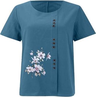 Generic Haut ample d&eacute;contract&eacute; &agrave; manches courtes et col rond en lin pour femme, chemisier d&eacute;t&eacute; &agrave; motif floral pour la plage, les vacances et les voyages, noir