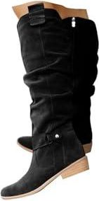 Generic Bottes plates au genou pour femme, bottes mi-mollet souples &agrave; talon bas avec fermeture &eacute;clair lat&eacute;rale, bout rond, en cuir vintage, longues bottines h