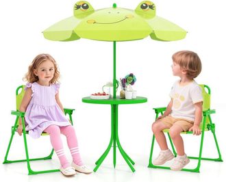 Costway Costway - Salon de Jardin 4 Pi&egrave;ces pour Enfants de 3 &agrave; 6 Ans, Table + Parasol R&eacute;glable en Hauteur + 2 Chaises Pliantes, Vert clair