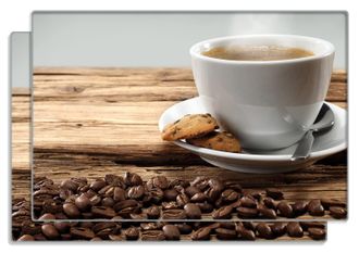 Wallario 2er Set Fr&uuml;hst&uuml;cksbrettchen aus Glas, Glasunterlage, Glasbrettchen Hei&szlig;e Tasse Kaffee mit Kaffeebohnen, Gr&ouml;&szlig;e 30 x 20 cm, Sicherheitsglas