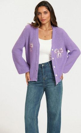 FS Collection Cardigan Damen Lila Strickjacke Cardigan mit Pailletten Schleife, (Einheitsgr&ouml;&szlig;e (UK 8-16 / EU 36-44) 56 % Viskose, 26 % Polyester, 18 % Wolle