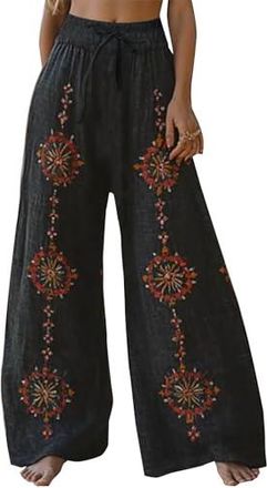 Generic Pantalon r&eacute;tro en coton et lin pour femme, pantalon d&eacute;contract&eacute; pour femme, pantalon vintage en coton et lin, imprim&eacute; vintage, pantalon palazzo l&eacute;ger,