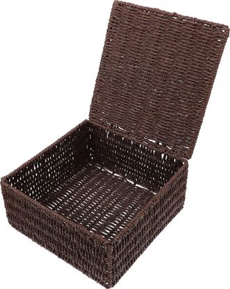 WINOMO Geflochtener Aufbewahrungskorb mit Deckel Eckig Aufbewahrungskiste Gewebter Regalkorb Dunkelbraun Desktop Organizer Multifunktional Aufbewahrung Zimme