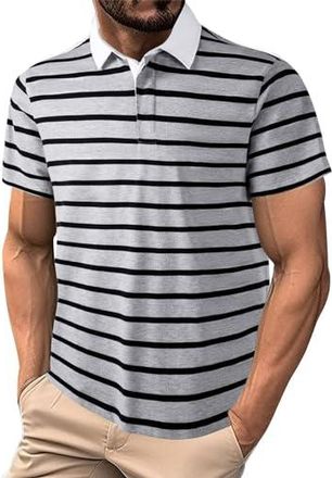 Generic Polo rayé à manches courtes pour homme - T-shirt de golf à boutons - Haut dentraînement - Tendance - Classique - Décontracté, Chemises rayées gris fon
