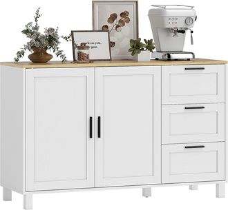 HOMCOM Küchenanrichte, Küchenschrank mit 3 Schubladen, Schrank mit gepolsterten Türen, Buffet-Anrichte mit verstellbaren Einlegeböden und 5 Kiefernbeinen, fü