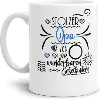 Tassendruck Opa-Tasse Stolzer Opa von X Enkelkindern Weiss - Mug/Cup/Becher/Sch&ouml;n/Gro&szlig;eltern/Personalisierbar/eigene Anzahl/Geschenk-Idee