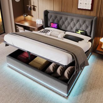 Generic Polsterbett Doppelbett mit hydraulischem Stauraumbett, gepolstertes Kopfteil, Stahlrahmen, Lattenrost aus Holz, platzsparend, ideal für Schlafzimmer, 