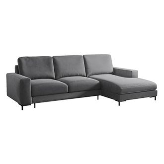 Selsey Selsey MOKPEO - Ecksofa mit Schlaffunktion, Bettkasten und schwarzen F&uuml;&szlig;en, 244 cm breit (Veloursbezug Graphitgrau, Ottomane rechts)
