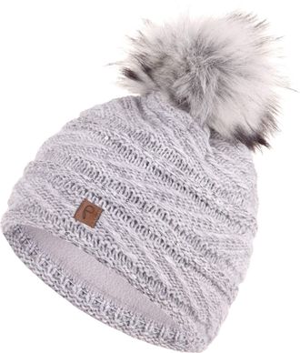 Faera Winterm&uuml;tze M&uuml;tze Damen warm gef&uuml;ttert mit Pailletten Kunstfell Bommel-M&uuml;tze Fleecefutter Winter Herbst Strickm&uuml;tze Beanie M&auml;dchen 62, Farbe:Hellgrau