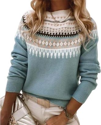 Generic Pull tricot&eacute; vintage &agrave; col rond et manches longues pour femme Motif Fair Isle, H, 5XL
