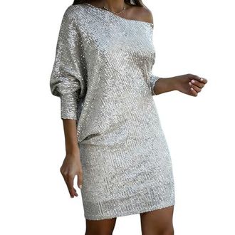 Generic Mini robe asym&eacute;trique &agrave; paillettes &agrave; &eacute;paules d&eacute;nud&eacute;es pour femme - Robe de soir&eacute;e formelle &agrave; paillettes, Argent&eacute;., 3XL