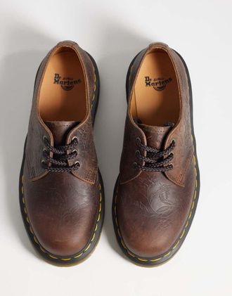 Dr. Martens 1461 Schuhe aus dunkelbraunem Crazy-Horse-Leder mit Blumenpr&auml;gung