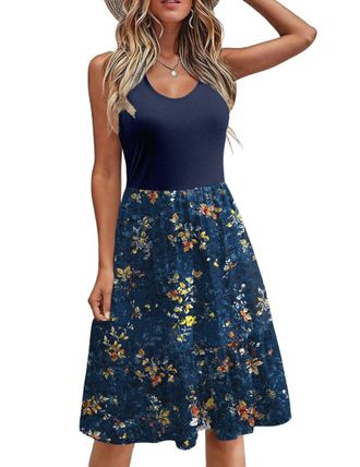 Zeagoo Kleider Damen Sommer Kurz A-Linien Kleid Locker Blumen Freizeitkleid &Auml;rmellos Sommerkleid Tr&auml;gerkleid Dunkelblau XL