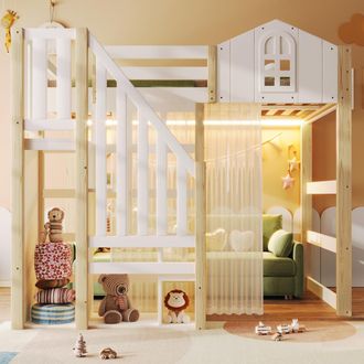 Merax Hochbett Kinder 140&times;200cm mit LED-Licht, Fensterdesign, Stauraum & Vorhang | Massivholz Wei&szlig;+Natur