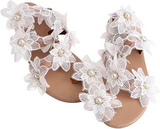 BESPORTBLE Sandales Plates d&Eacute;t&eacute; pour Femmes &agrave; Enfiler Perles Tridimensionnelles et Tournesols Taille 40 Couleur Blanche Semelle Antid&eacute;rapante et Confortable Sand