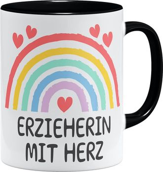 OM3 Erzieherin mit Herz Tasse Geschenkidee - Keramik Becher - 11oz 325ml - Beidseitig Bedruckt - Schwarz