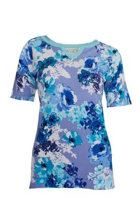 Passioni Strickpullover Kurzarm-Pullover mit Floralem Print in Blaut&ouml;nen