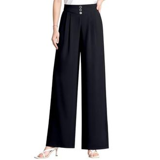Generic Pantalon large pour femme de plus de 50 ans - Pantalon doux et fluide &agrave; taille haute &agrave; enfiler et drap&eacute; extensible, Noir, XXL