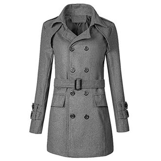 Generic Manteau Hiver Homme,Manteau &agrave; boutonni&egrave;re pour hommes Veste mi-longue coupe-vent chaude en laine avec ceinture et poign&eacute;es &eacute;l&eacute;gantes - casual et pour 