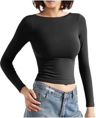 Generic OIUHJN Femmes Backless Sortir Tops Double Doublure Dos Ouvert Basique Manches Longues Chemise Jaune, Noir, L