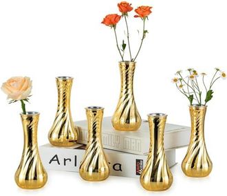 Nuptio Lot de 6 petits vases à fleurs en verre doré pour centre de table de fête de mariage - Vase nervuré vintage pour décoration de maison, anniversaire, r