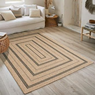 Nazar Rugs Tapis Nature, Tapis Naturel Boheme, Tapis Aspect Jute, Tapis Salon, Chambre, Couloirs, Tapis ExtRieur, Couleur Naturelle (80x80 cm Round, 8863 Noir)