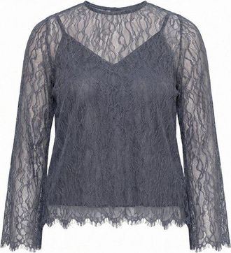 Ulla Popken Satinbluse Spitzenbluse Satintop Rundhalsausschnitt Langarm
