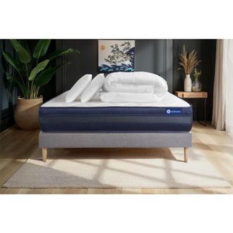 Actisom Komplettpaket Bett - Matratze 160x200 cm + Boxspringbett mit Lattenrost (im Set) + 2 Kopfkissen + Bettdecke - Actilatex Tech