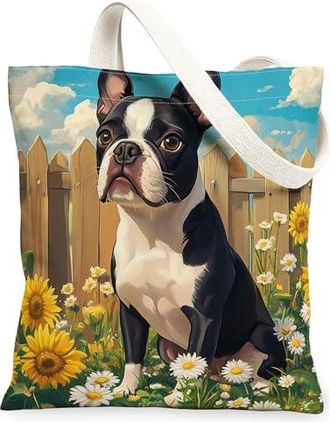 Generic Sac fourre-tout en toile r&eacute;utilisable avec motif de chien terrier de Boston pour faire du shopping, 33 x 38,1 cm, motif cl&ocirc;ture de tournesol, chiot - 