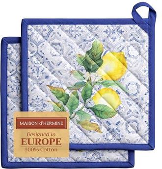 Maison d'Hermine Manique Maison dHermine Presina en coton 100 % r&eacute;sistant &agrave; la chaleur, lot de 2 maniques avec noeud pour la cuisson, le gril, le micro-ondes, la manip