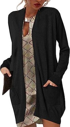 Minetom Veste Femme Gilet Mi Longues Blouson Couluer Unie Col en V Chic Manche Longue avec Poches Cardigan D&eacute;contract&eacute; L&eacute;ger Ample A Noir XS