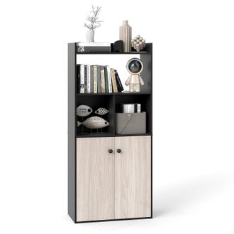 Giantex COSTWAY B&uuml;cherregal mit Doppelt&uuml;rschrank, 3-st&ouml;ckiges Standregal mit offenen F&auml;chern, freistehender B&uuml;cherschrank f&uuml;r Wohnzimmer, Arbeitszimmer, K&uuml;che
