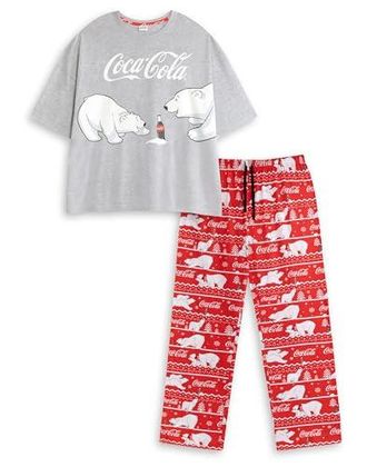 Coca Cola Ware Pyjama Polar Bears Rouge et Gris &agrave; Manches Courtes et Jambes Longues pour Femme | V&ecirc;tements de Nuit et de d&eacute;tente avec Logo r&eacute;tro de Nuit Confortables